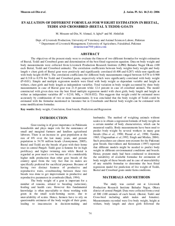(PDF) Evaluation of different formulas for weight estimation in beetal ...