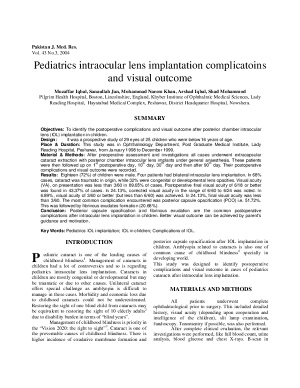 (PDF) Pediatrics intraocular lens implantation complicatoins and visual ...