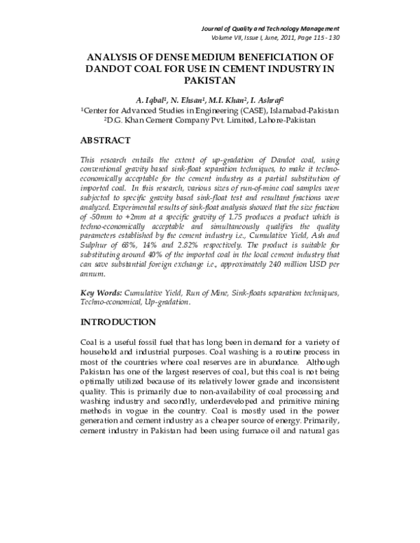 (PDF) Analysis of Dense Medium Beneficiation of Dandot Coal for Use in ...