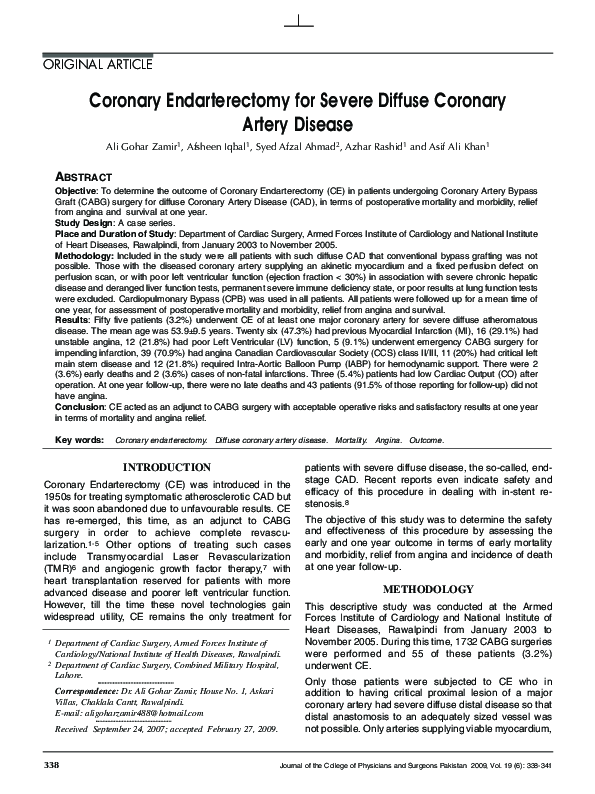 (PDF) Coronary endarterectomy for severe diffuse coronary artery disease