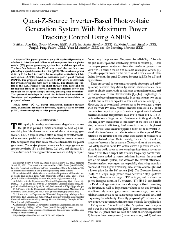 Pdf Quasi Z Source Inverter Based Photovoltaic Generation System With Maximum Power Tracking