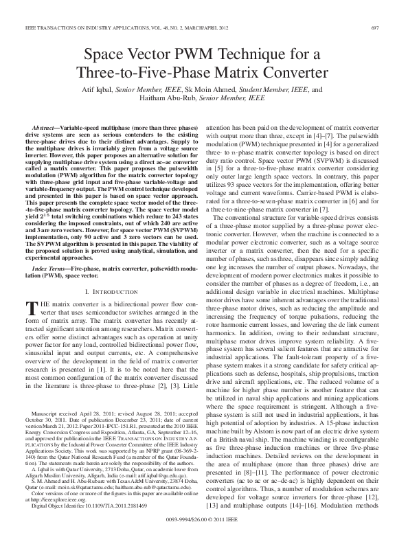 Pdf Space Vector Pwm Technique For A Three To Five Phase Matrix Converter