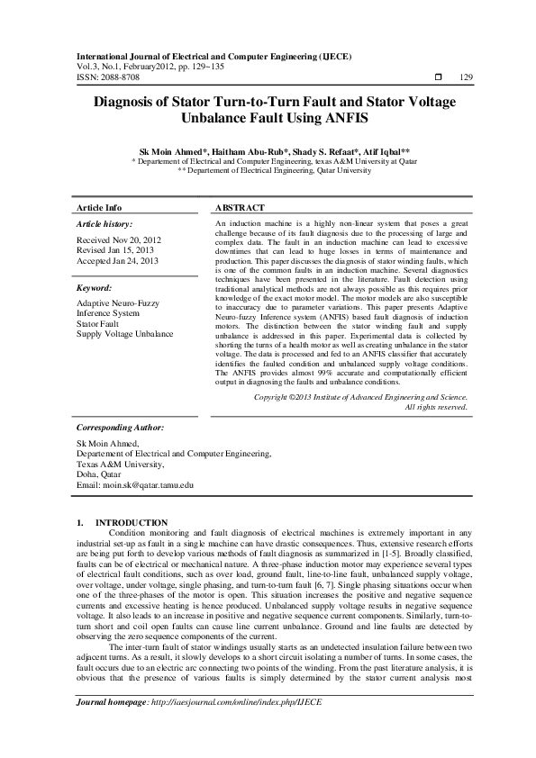 (PDF) Diagnosis of Stator Turn-to-Turn Fault and Stator Voltage Unbalance Fault Using ANFIS