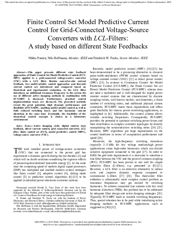 Pdf Finite Control Set Model Predictive Current Control Of A Five Phase Voltage Source Inverter