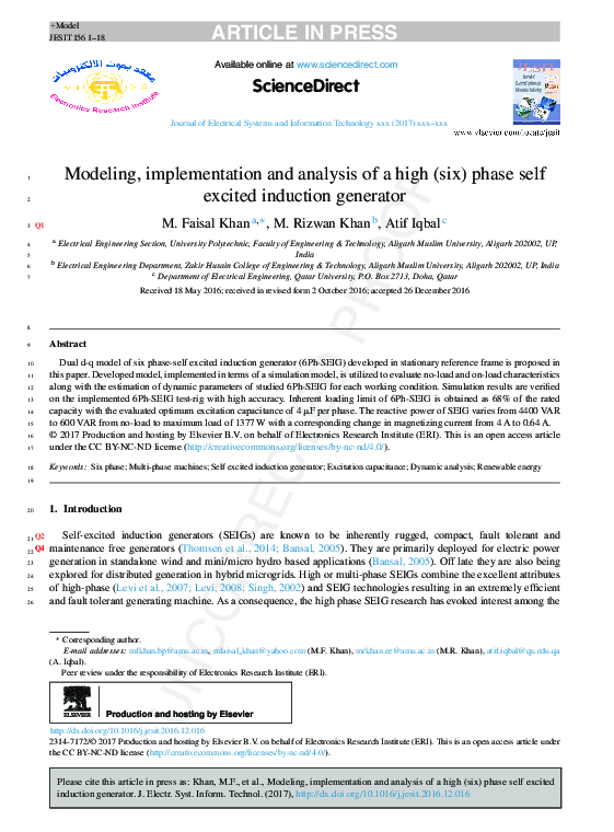 Pdf Modeling Implementation And Analysis Of A High Six Phase Self Excited Induction Generator
