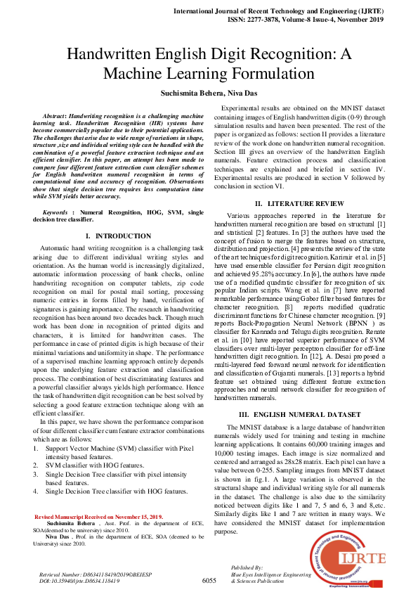 (PDF) Handwritten English Digit Recognition: A Machine Learning Formulation