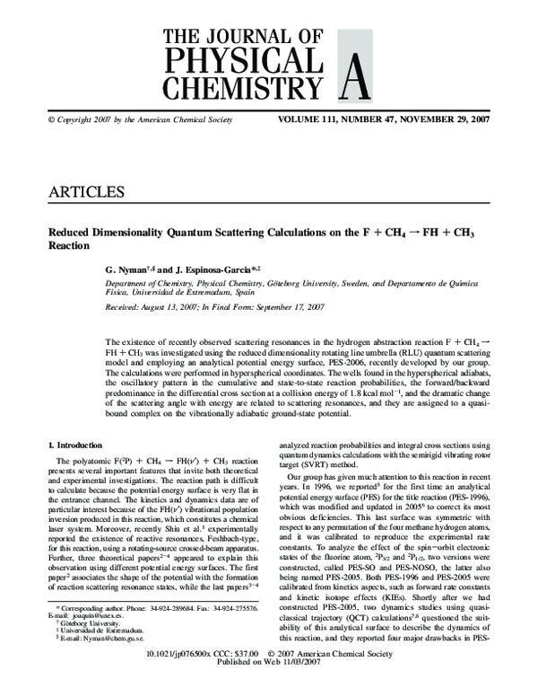 (PDF) Reduced dimensionality quantum scattering calculations on the Cl+CH4→HCl+CH3 reaction