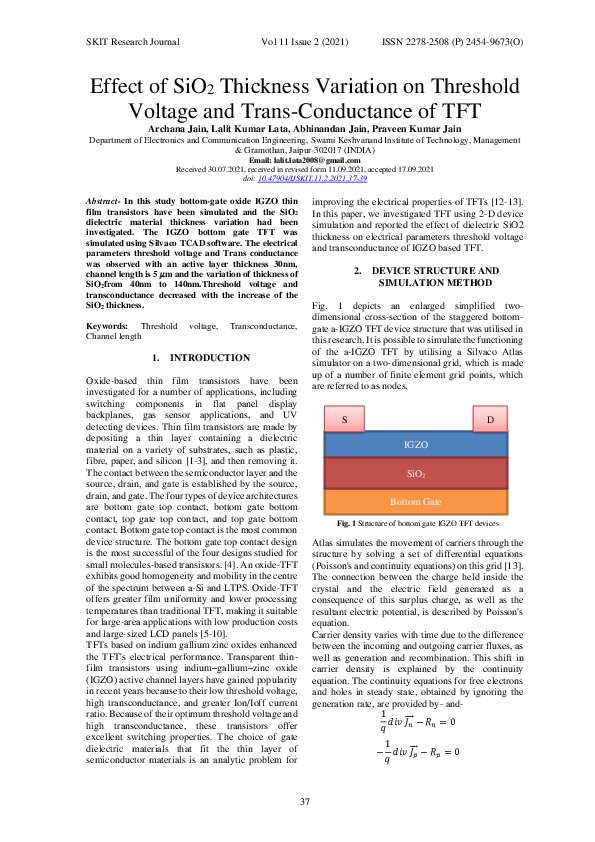 (PDF) Effect of SiO2 Thickness Variation on Threshold Voltage and Trans ...