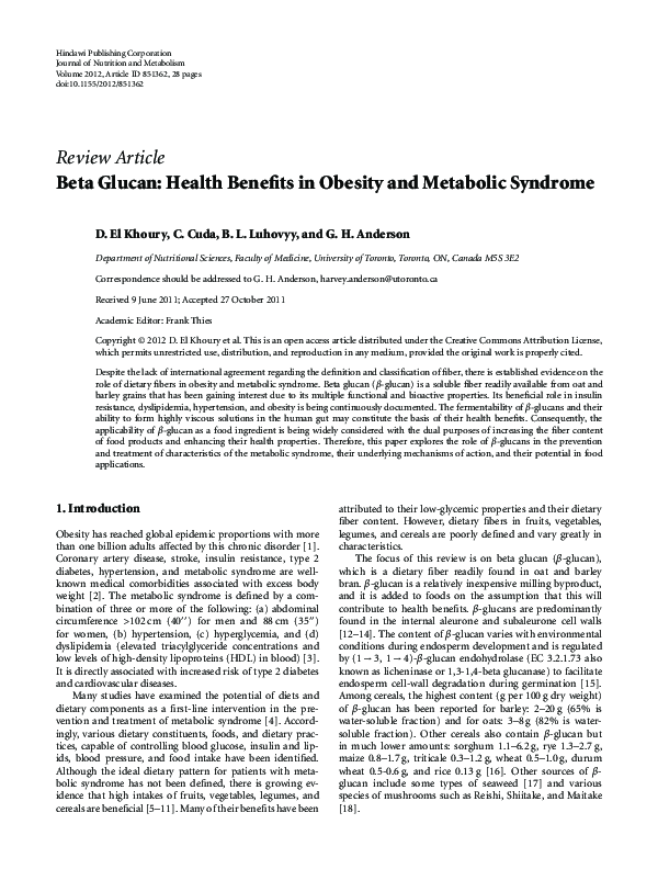 (PDF) Beta glucan: Health benefits in obesity and metabolic syndrome