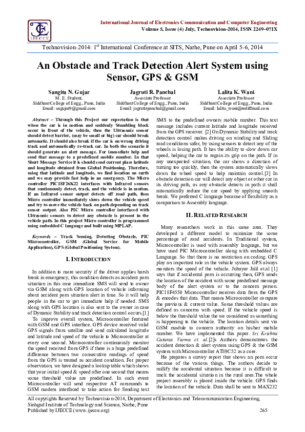 (PDF) An Obstacle and Track Detection Alert System using Sensor , GPS & GSM