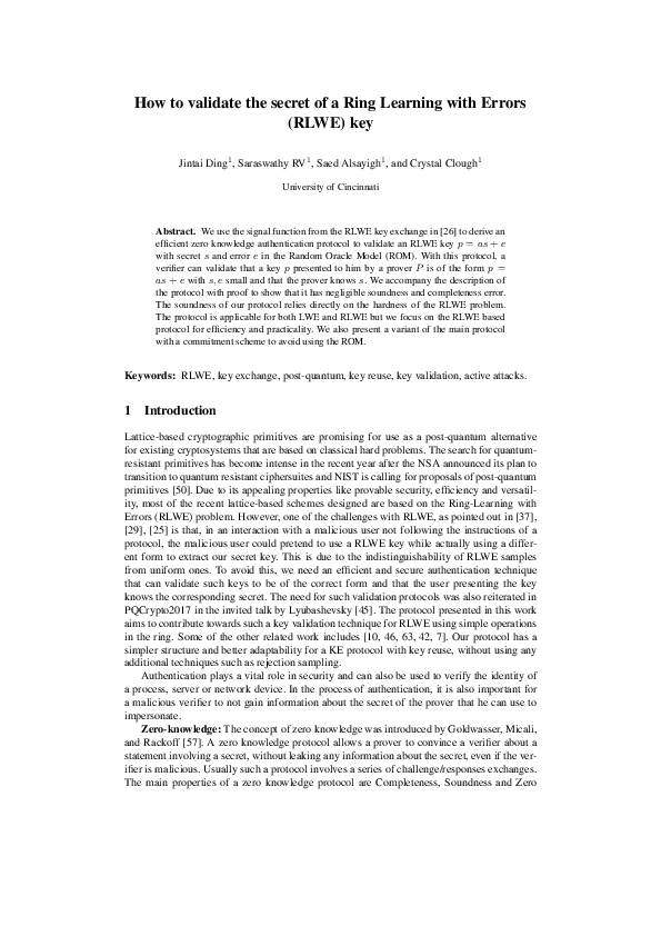 (PDF) How to validate the secret of a Ring Learning with Errors (RLWE) key