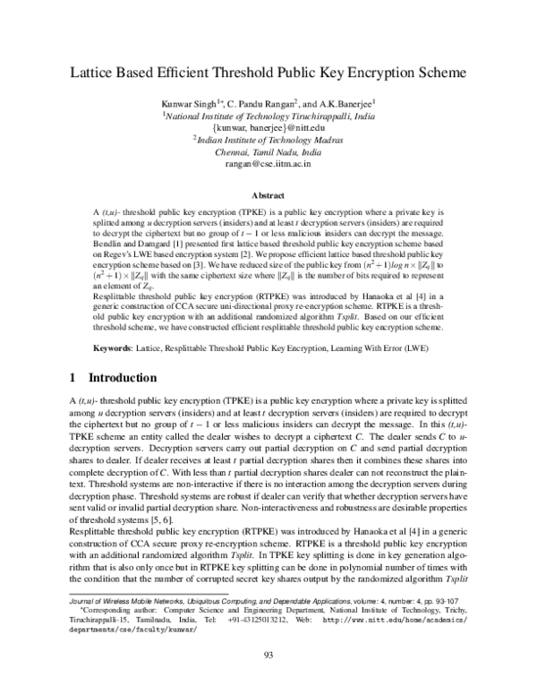 (PDF) Lattice Based Efficient Threshold Public Key Encryption Scheme