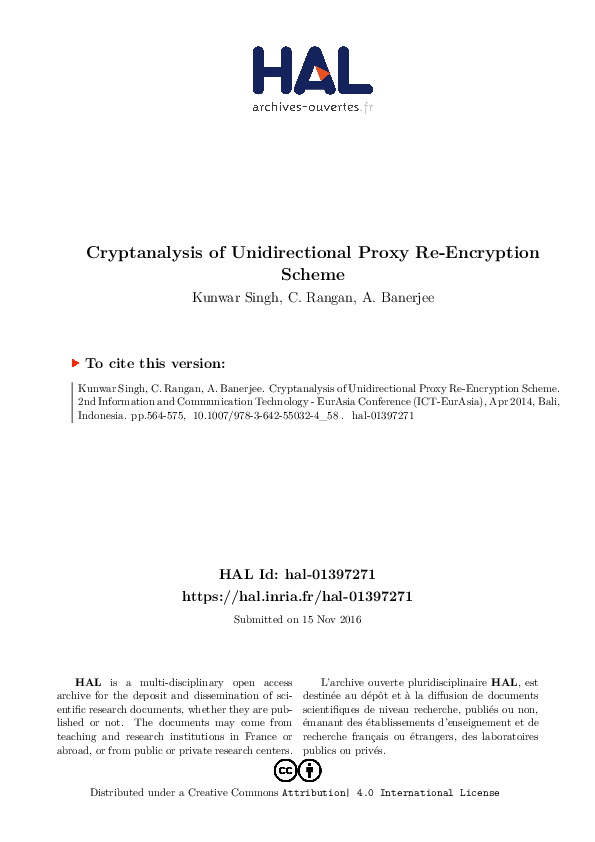 (PDF) Cryptanalysis of Unidirectional Proxy Re-Encryption Scheme