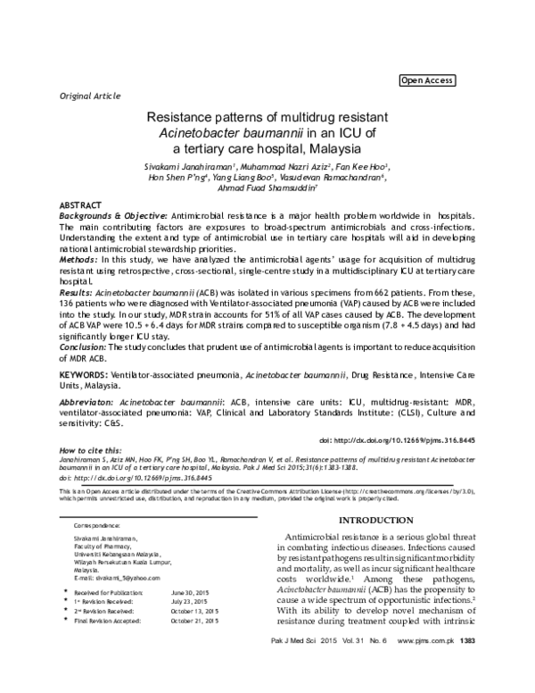 (PDF) Resistance patterns of Multidrug resistant Acinetobacter baumannii in an ICU of a tertiary ...