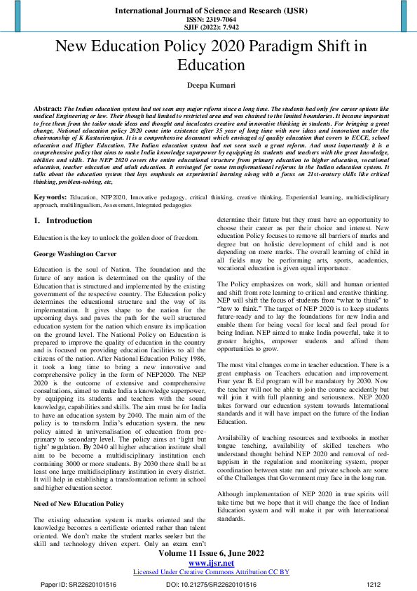 (PDF) New Education Policy 2020 Paradigm Shift in Education