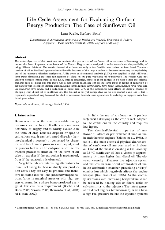 (PDF) Life Cycle Assessment for Evaluating On-farm Energy Production: The Case of Sunflower Oil