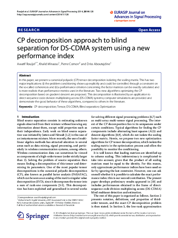 Pdf Cp Decomposition Approach To Blind Separation For Ds Cdma System Using A New Performance Index