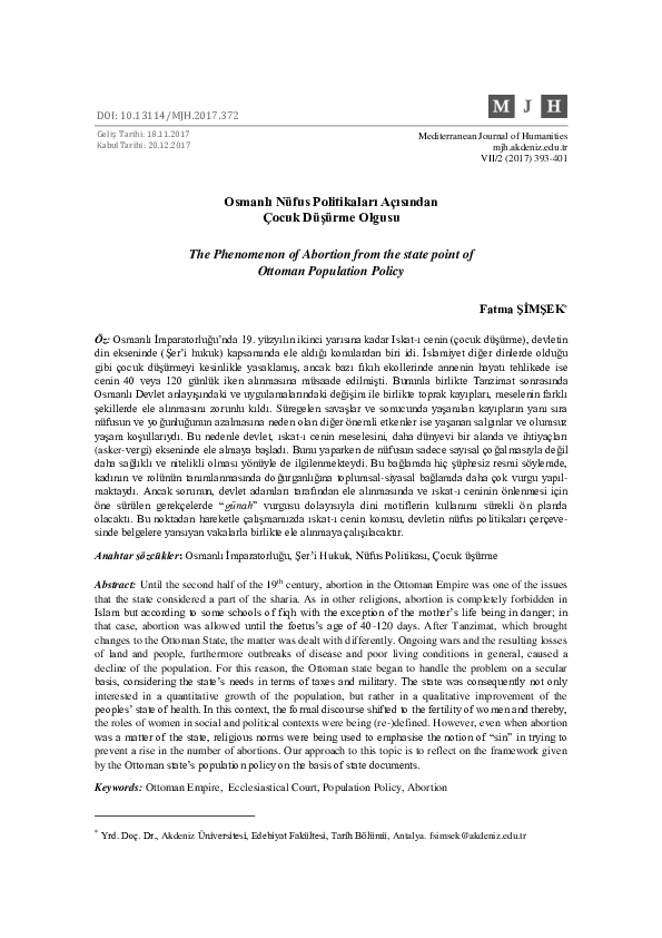 (PDF) Osmanlı Nüfus Politikaları Açısından Çocuk Düşürme Olgusu | Fatma ...