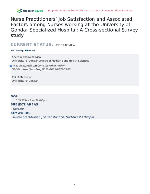 (PDF) Nurse Practitioners’ Job Satisfaction and Associated Factors among Nurses working at the ...