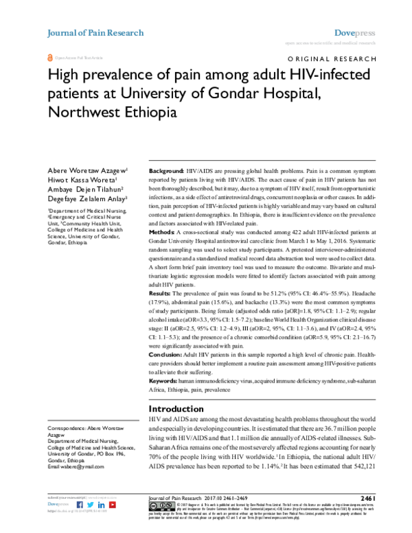(PDF) High prevalence of pain among adult HIV-infected patients at ...