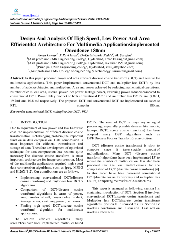 (PDF) Design And Analysis Of High Speed, Low Power And Area Efficientdct Architecture For ...