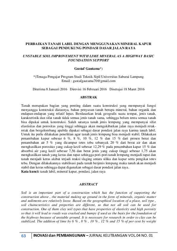 (PDF) Perbaikan Tanah Labil dengan menggunakan Mineral Kapur sebagai ...