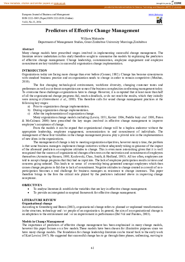 (PDF) Predictors of Effective Change Management