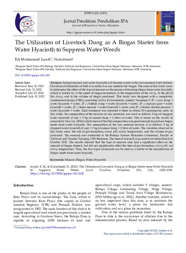 (PDF) Utilization of Livestock Dung as A Biogas Starter from Water ...