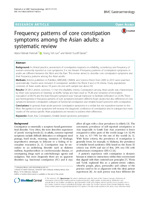 (PDF) Frequency patterns of core constipation symptoms among the Asian ...