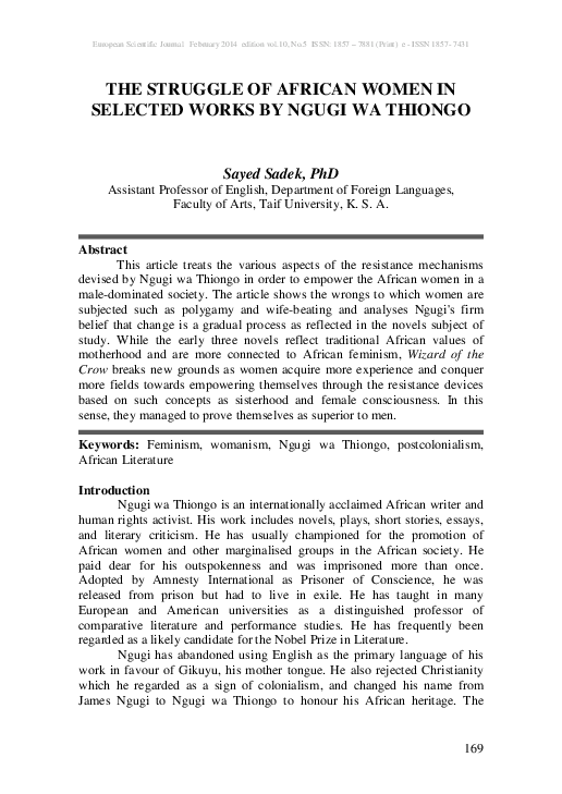 (PDF) The Struggle of African Women in Selected Works by Ngugi Wa Thiongo