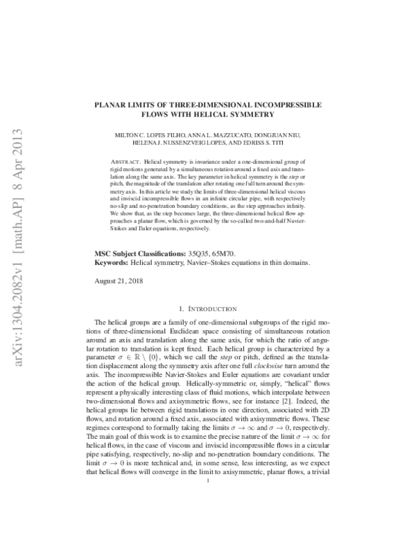 (PDF) Planar Limits of Three-Dimensional Incompressible Flows with Helical Symmetry