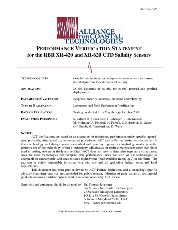 (PDF) Performance Verification Statement for the RBR XR-420 and XR-620 CTD