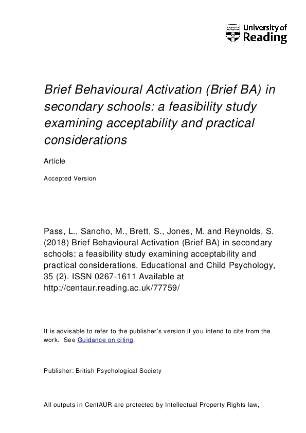 (PDF) Brief Behavioural Activation (Brief BA) in secondary schools: a ...