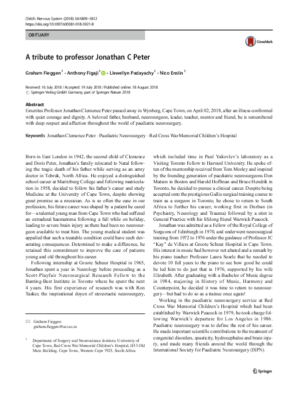 (PDF) A tribute to professor Jonathan C Peter