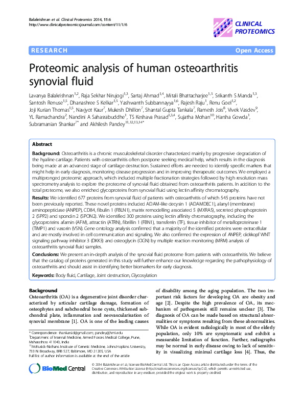 (PDF) Proteomic analysis of human osteoarthritis synovial fluid