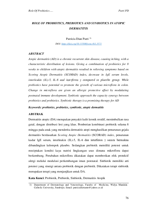 Pdf Role Of Probiotics Prebiotics And Synbiotics In Atopic Dermatitis