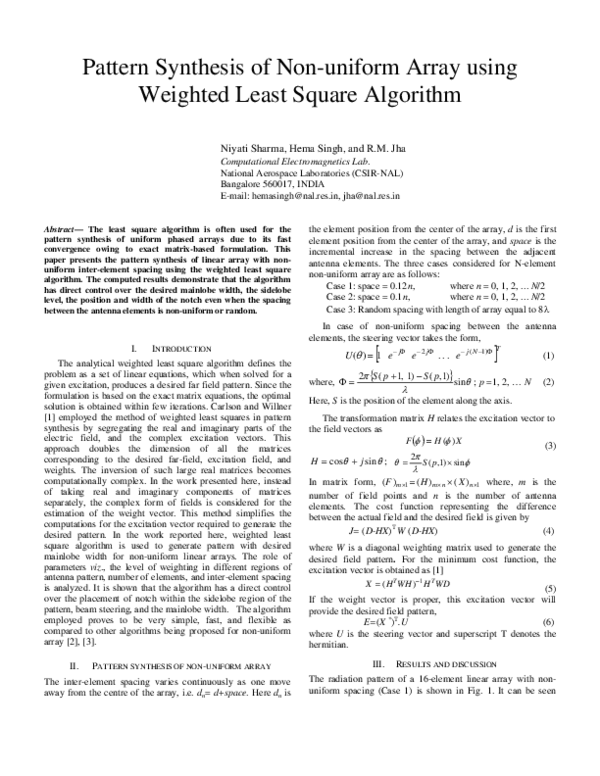 Pdf Pattern Synthesis Of Non Uniform Array Using Weighted Least