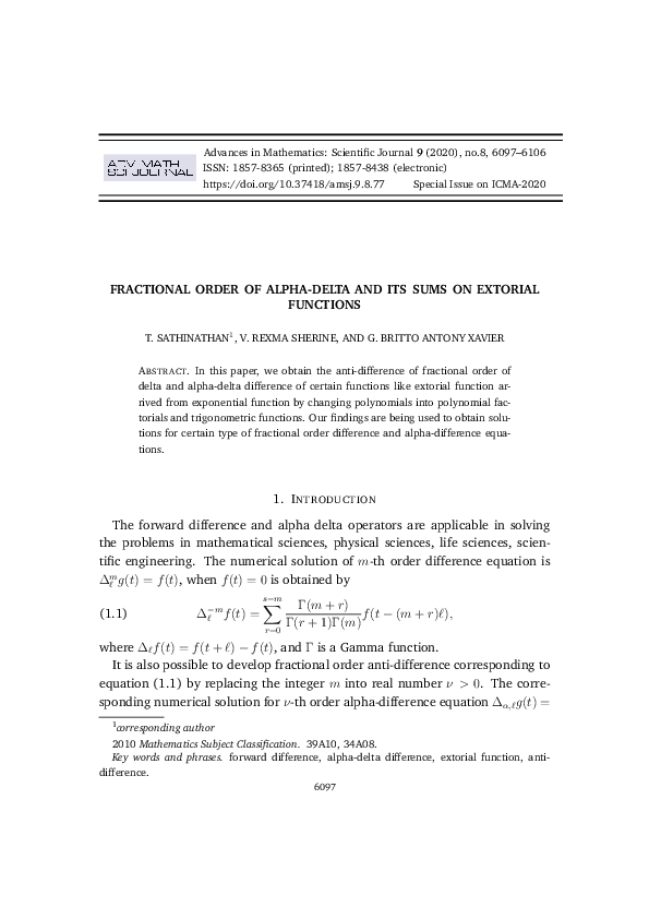 (PDF) Fractional Order of Alpha-Delta and Its Sums on Extorial Functions
