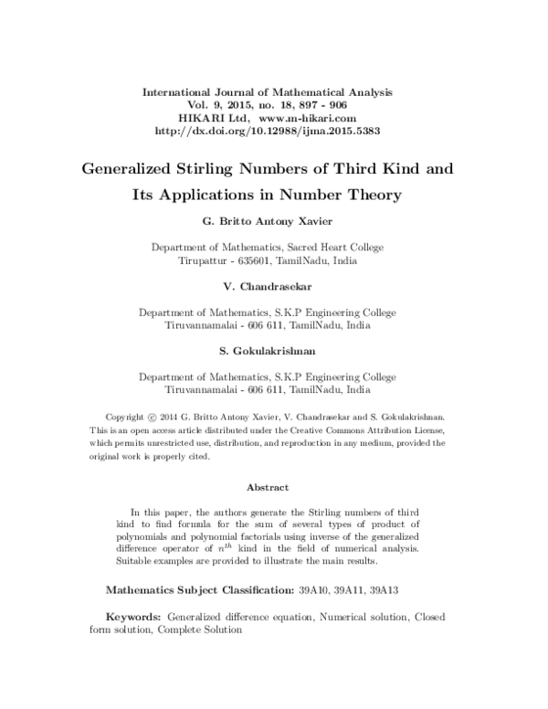 Pdf Generalized Stirling Numbers Of Third Kind And Its Applications