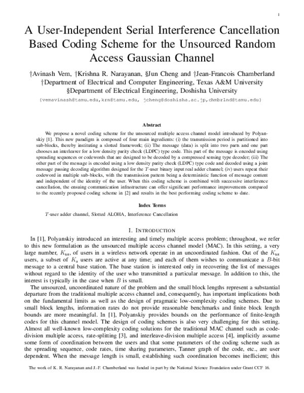 Pdf A User Independent Serial Interference Cancellation Based Coding Scheme For The Unsourced