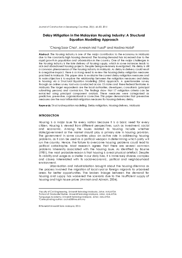 Pdf Delay Mitigation In The Malaysian Housing Industry A Structural Equation Modelling