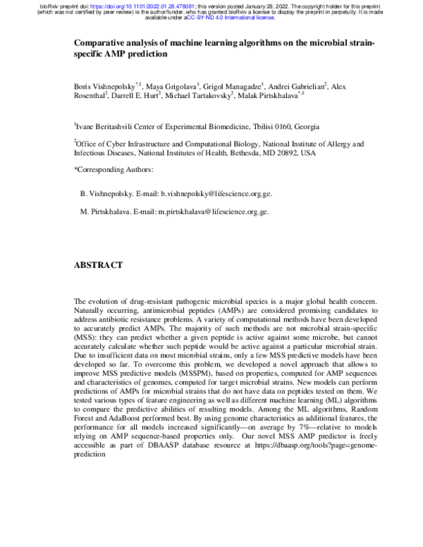 Pdf Comparative Analysis Of Machine Learning Algorithms On The Microbial Strain Specific Amp