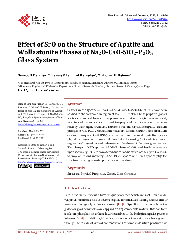 (PDF) Effect of SrO on the Structure of Apatite and Wollastonite Phases of Na2O-CaO-SiO2-P2O5 ...