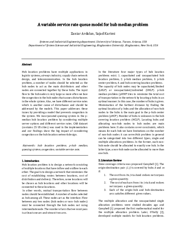 (PDF) A variable service rate queue model for hub median problem