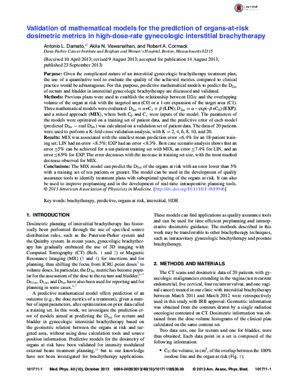 (PDF) Validation of mathematical models for the prediction of organs-at-risk dosimetric metrics ...