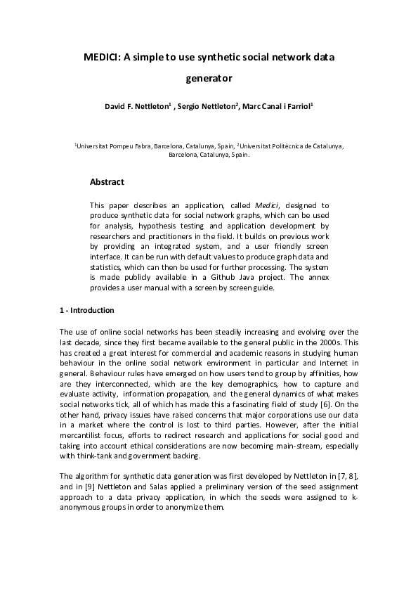 (PDF) MEDICI: A Simple to Use Synthetic Social Network Data Generator