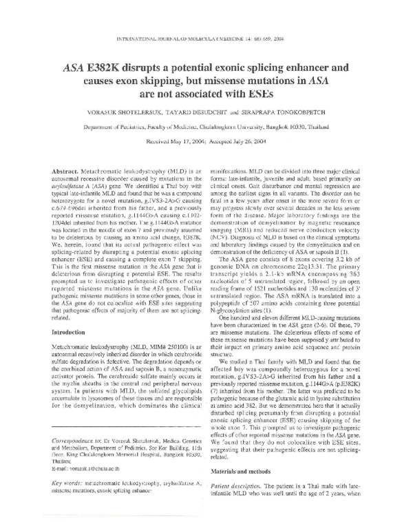 (PDF) ASA E382K disrupts a potential exonic splicing enhancer and ...