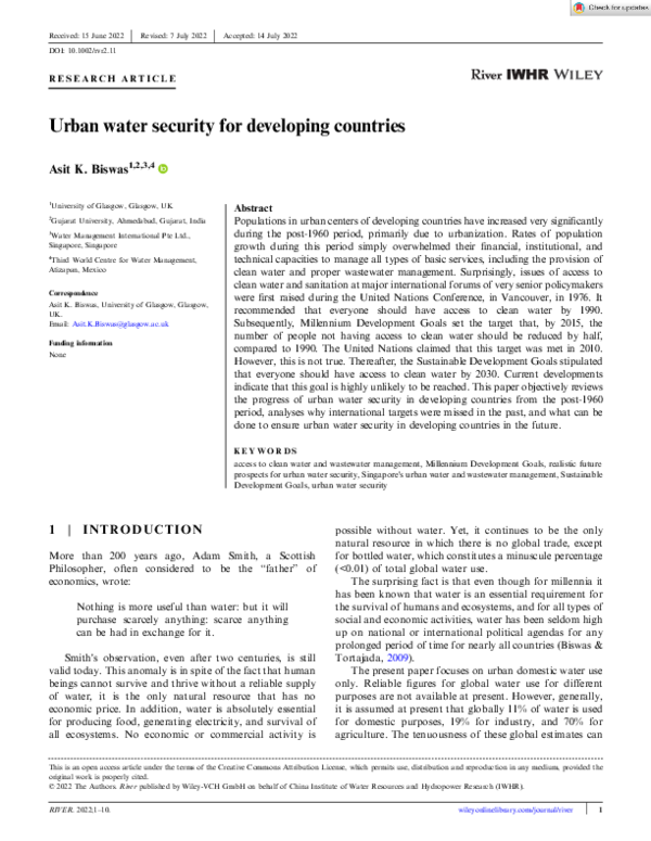 (PDF) Urban water security for developing countries