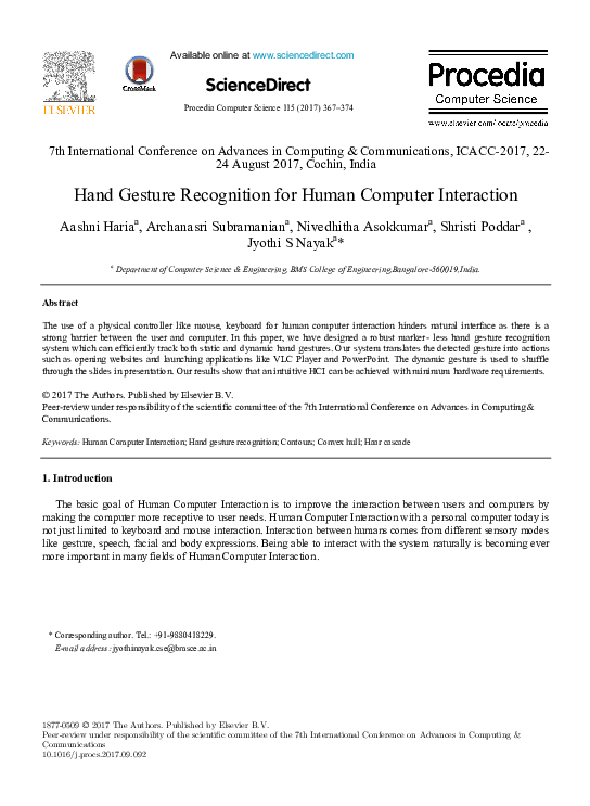 (PDF) Hand gesture recognition for human computer interaction