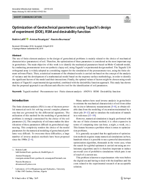 (PDF) Optimization of Geotechnical parameters using Taguchi’s design of experiment (DOE), RSM ...